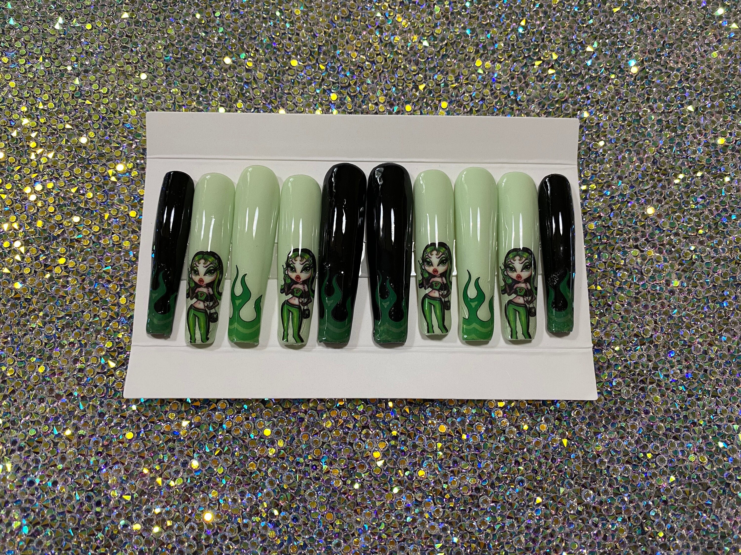 Green and Black Baddie Bratz Acrylic Press-on Nails Luxury, Shiny ...