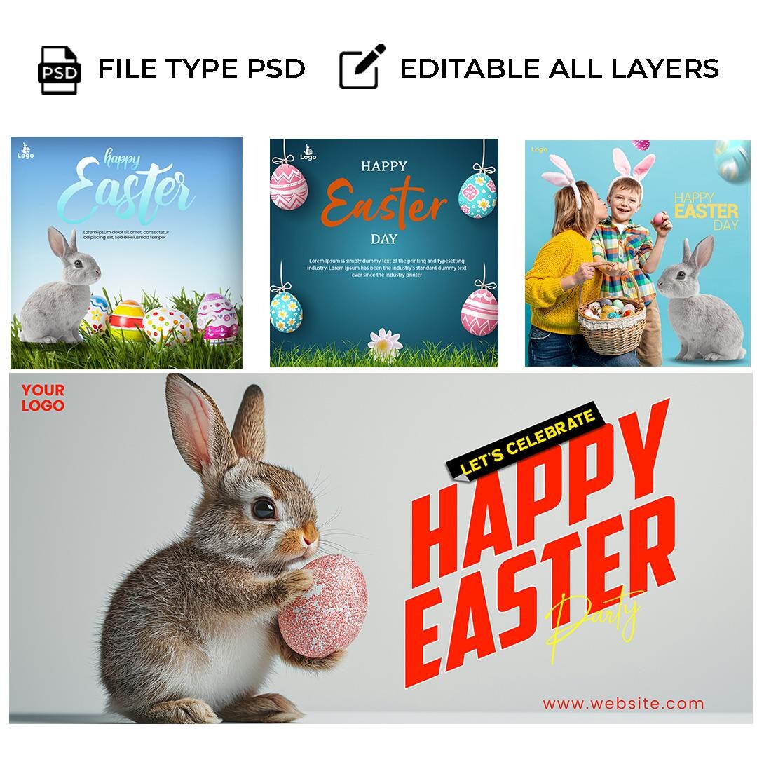 Cute Easter PSD Template Set | 4 Editable Kids Party Flyers | Pastel ...