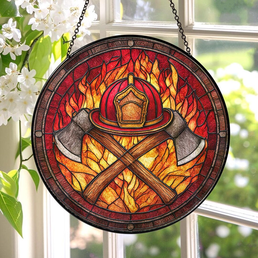 Red Fire Helmet Stained Glass Suncatcher, Red Fire Helmet Suncatcher ...