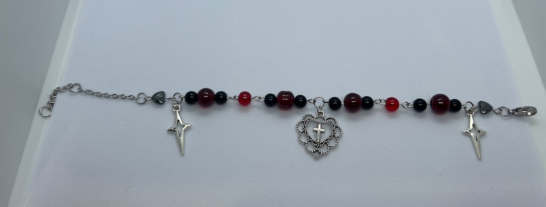 Scarlett Bracelet | Vampire Core | Gothic | Heart Silver Charm | Red ...