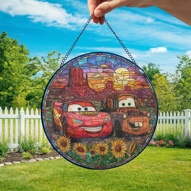 Stained Glass Lightning Mcqueen and Mater Suncatcher, Cars Movie Window ...