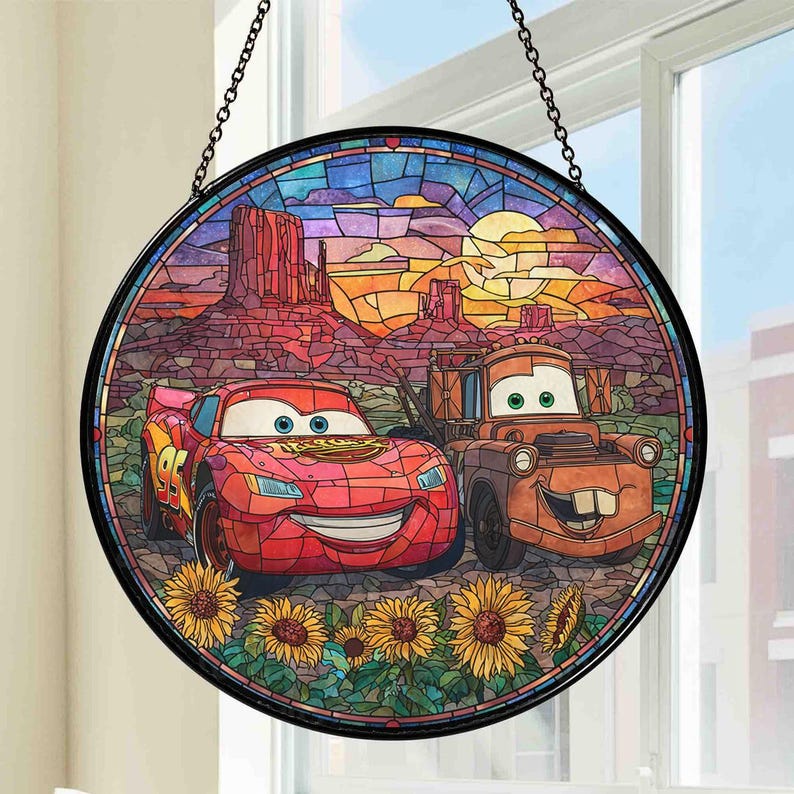 Stained Glass Lightning Mcqueen and Mater Suncatcher, Cars Movie Window ...