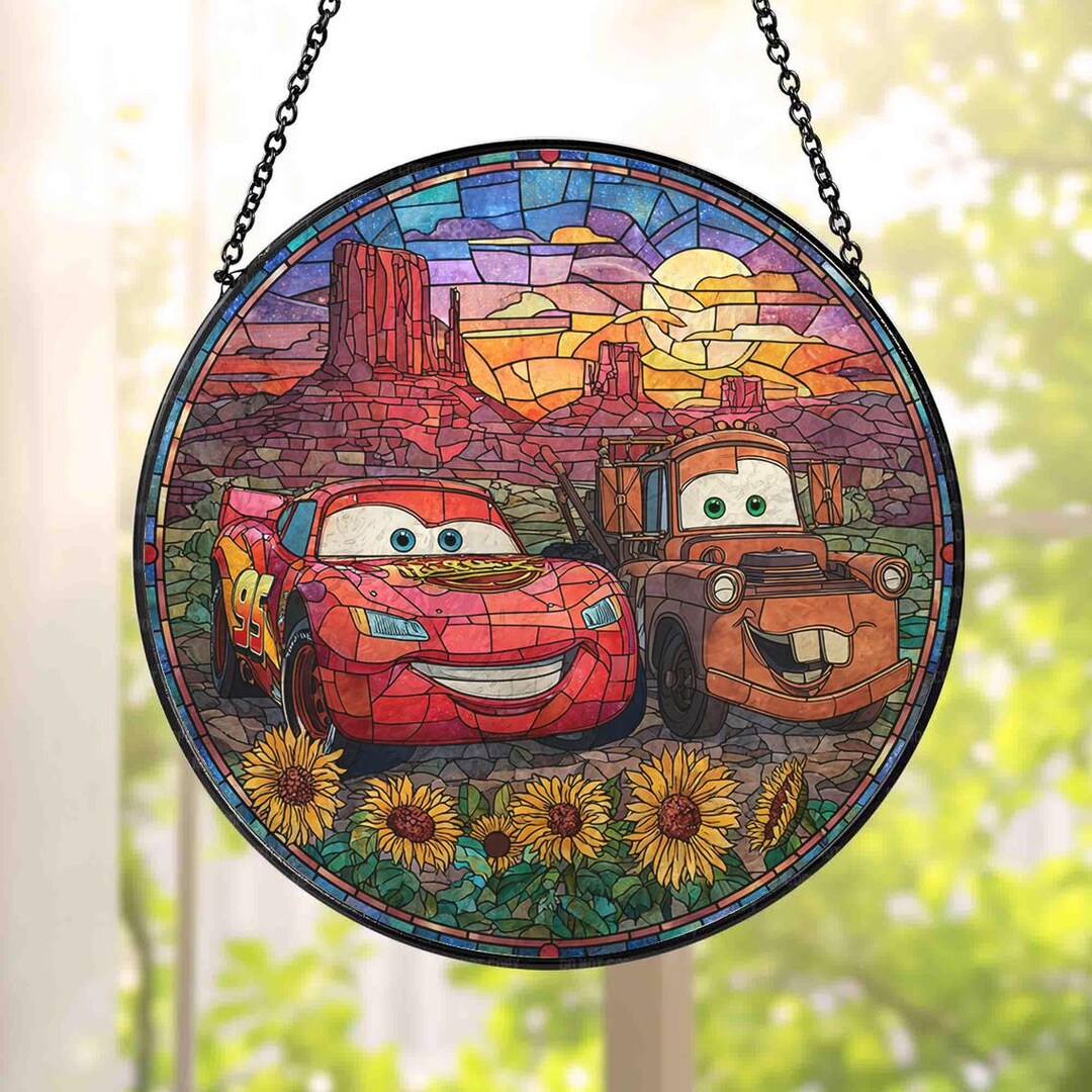 Stained Glass Lightning Mcqueen and Mater Suncatcher, Cars Movie Window ...