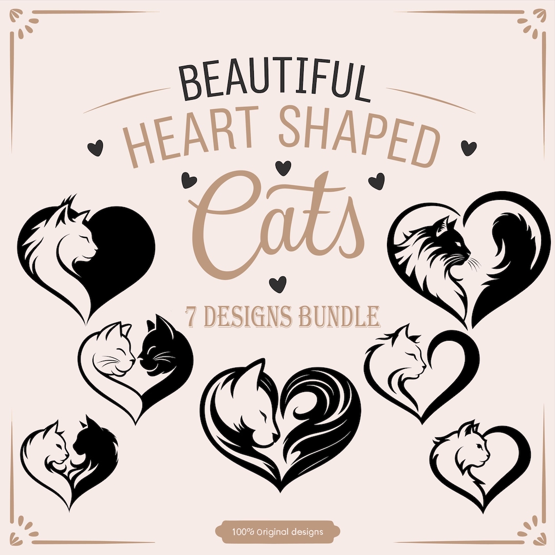 Cat Heart, Cat Clipart, Cat Silhouette, Cat Vector, Cat in Heart, Heart ...