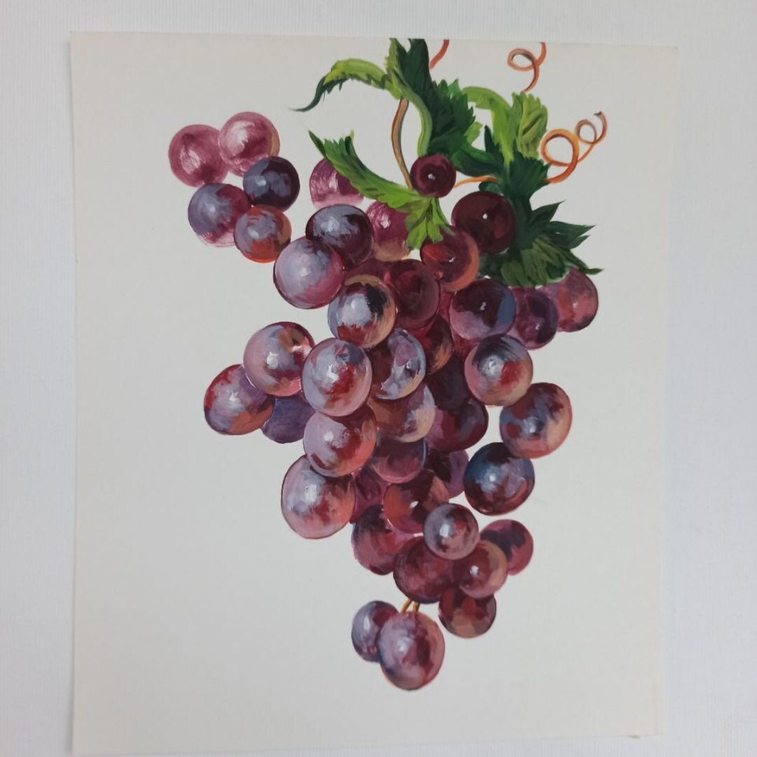 Original Grape Still Life Painting – Dark Purple Grapes With Leaves ...