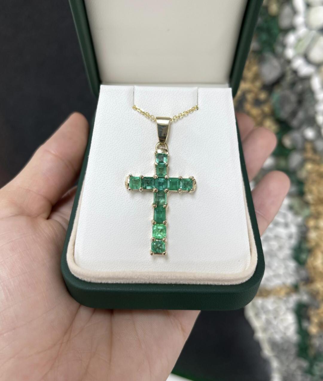 Natural Emerald Cross Pendant/ Gold Cross Pendant/ Emerald Cross/ 14k ...