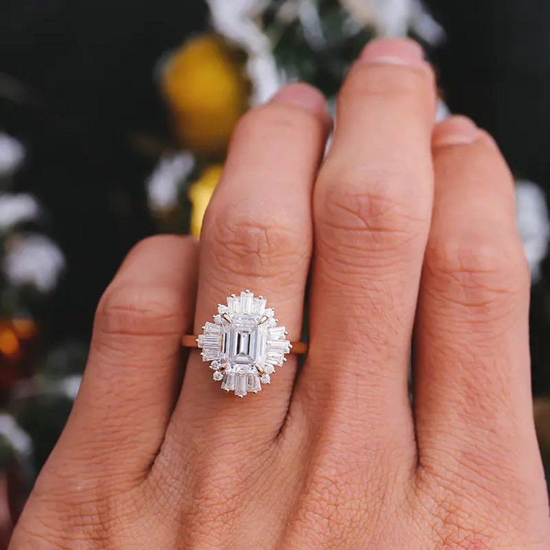 1.5 CT Emerald Cut Cluster Halo Moissanite Engagement Ring, Tapper ...
