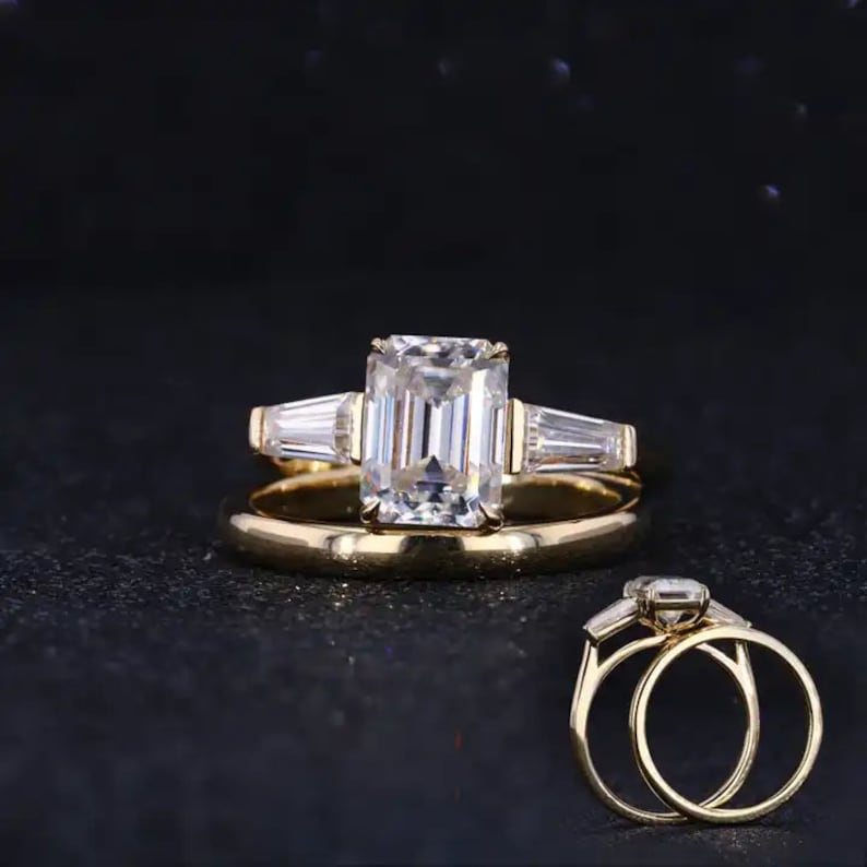 Emerald Cut Three Stone Engagement Ring, 14k Gold Solitaire Promise ...