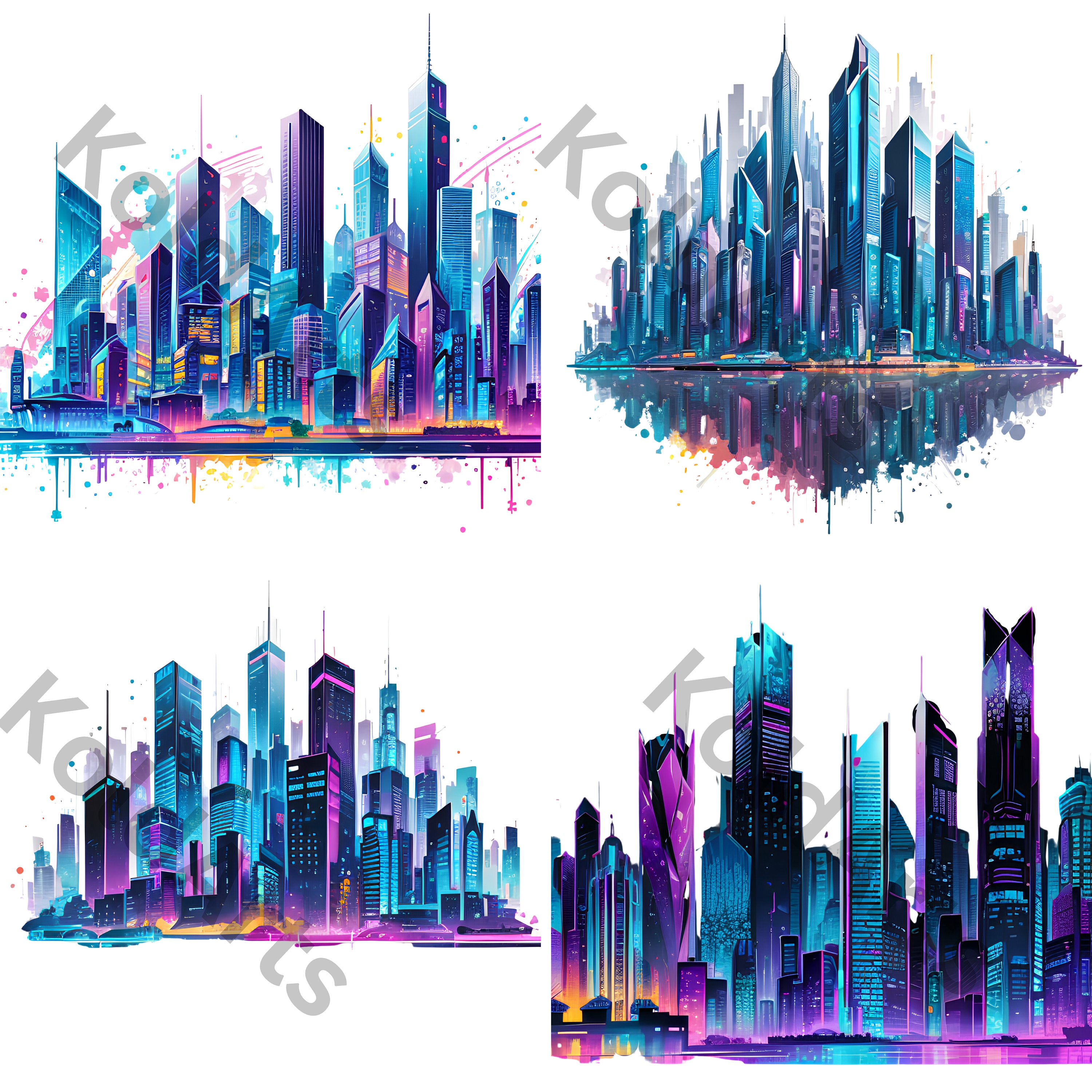 Watercolor Futuristic City Clipart- 30 Images of City That is ...