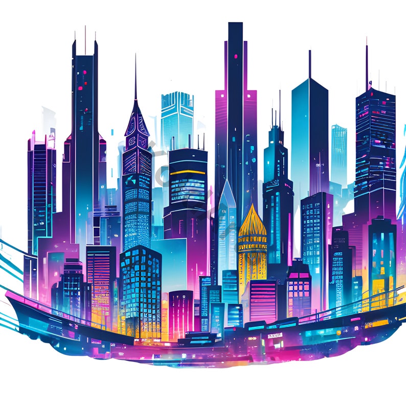 Watercolor Futuristic City Clipart- 30 Images of City That is ...