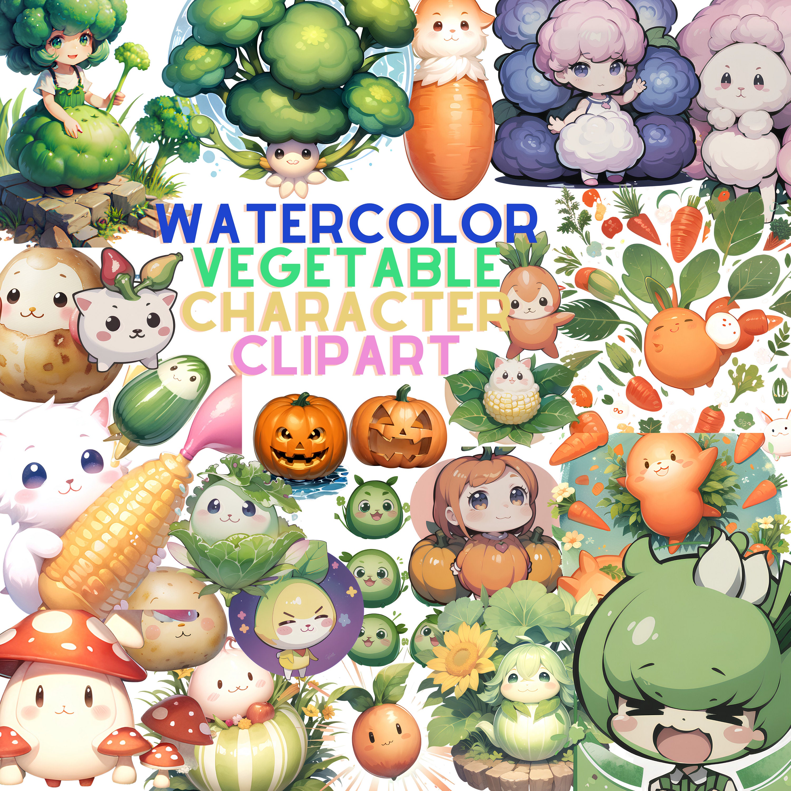 Watercolor Vegetable Characters Clipart 50 Food Character Clipart ...