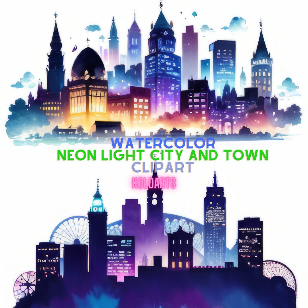Watercolor Neon Light City and Town Clipart-70 Images of Skylines in ...