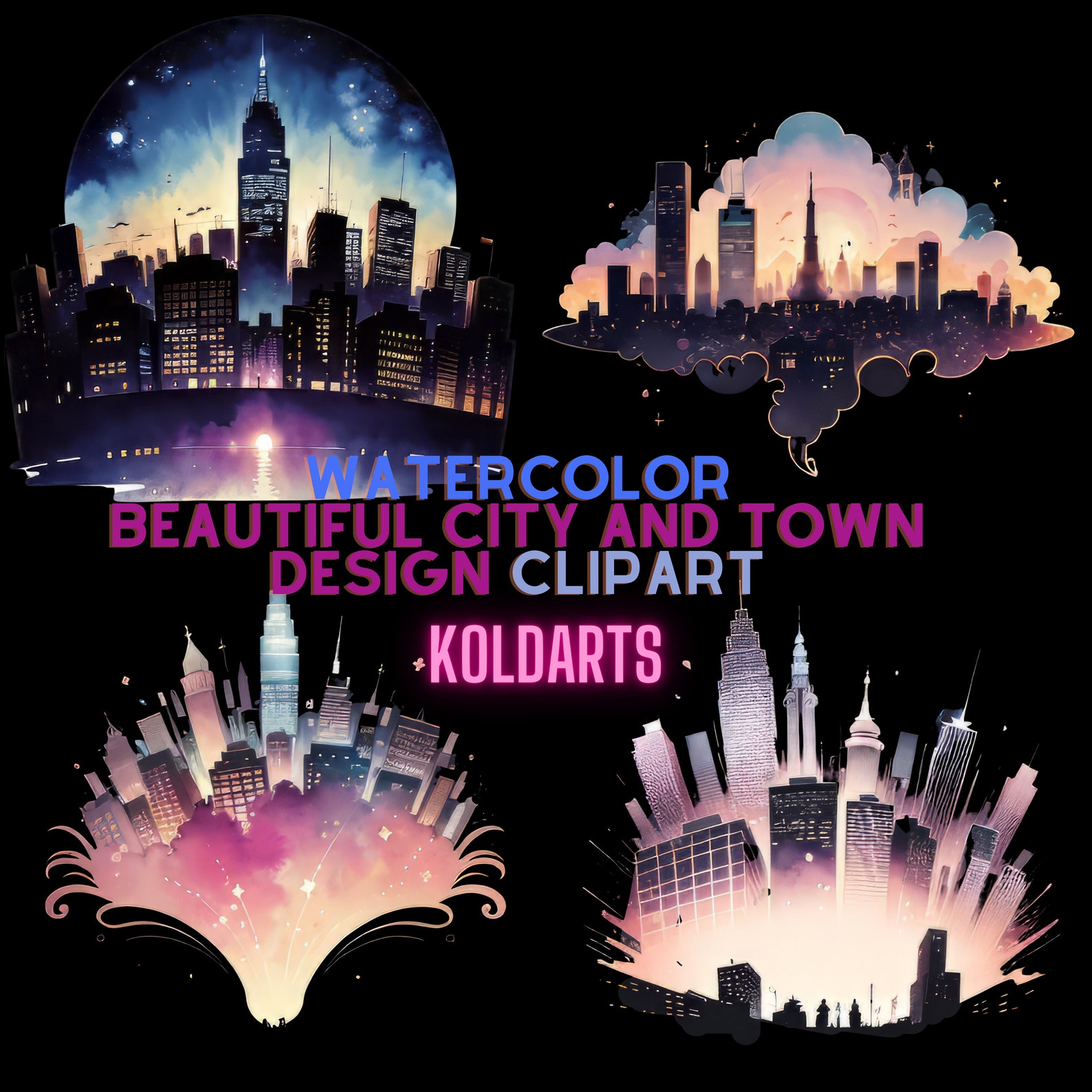 Watercolor Beautiful City and Town Clipart-88 Images of City Design ...