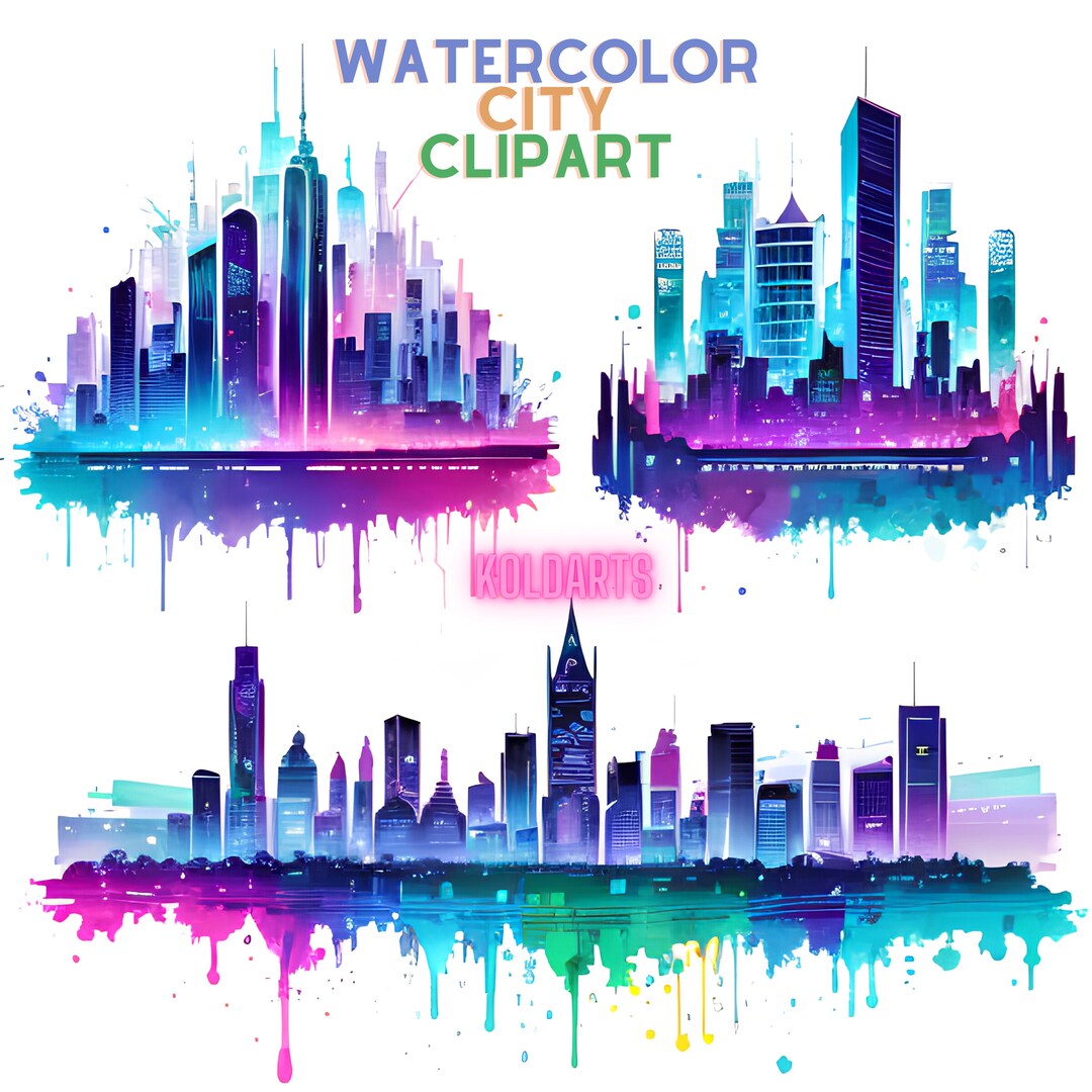 Watercolor Futuristic City Clipart- 30 Images of City That is ...