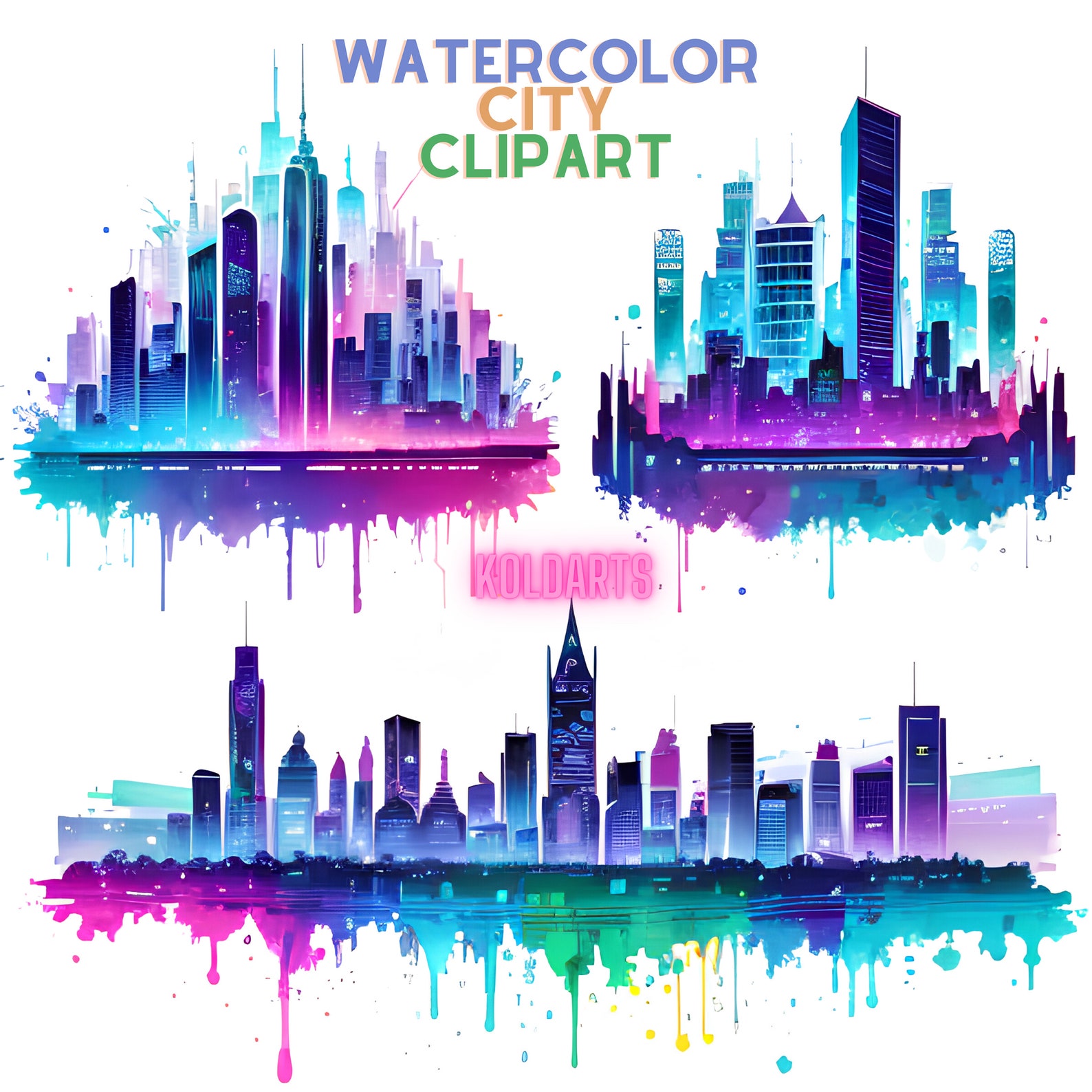 Watercolor Futuristic City Clipart- 30 Images of City That is ...