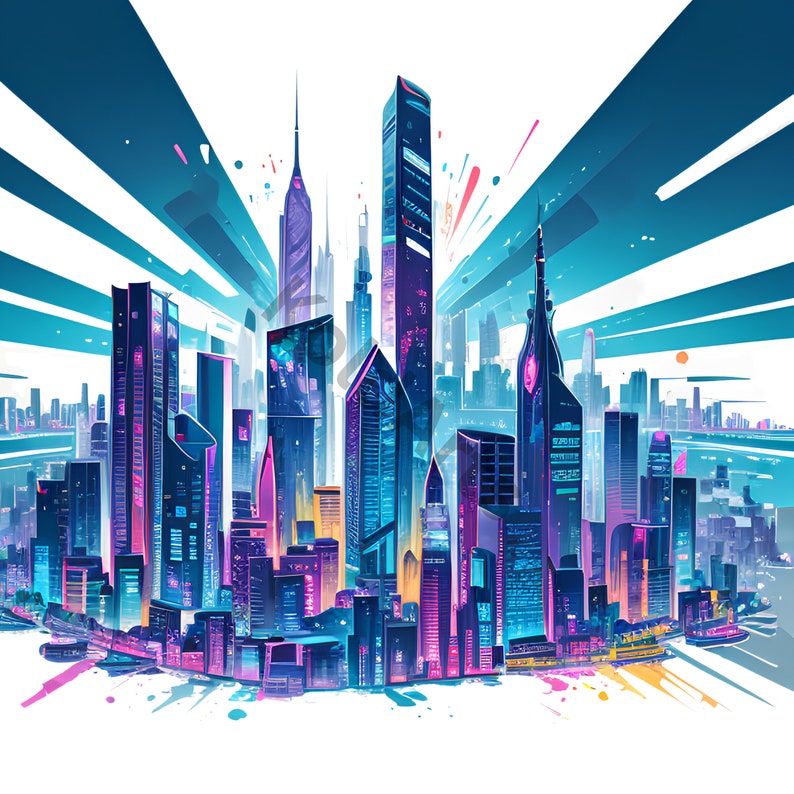 Watercolor Futuristic City Clipart 30 Images of City That is ...