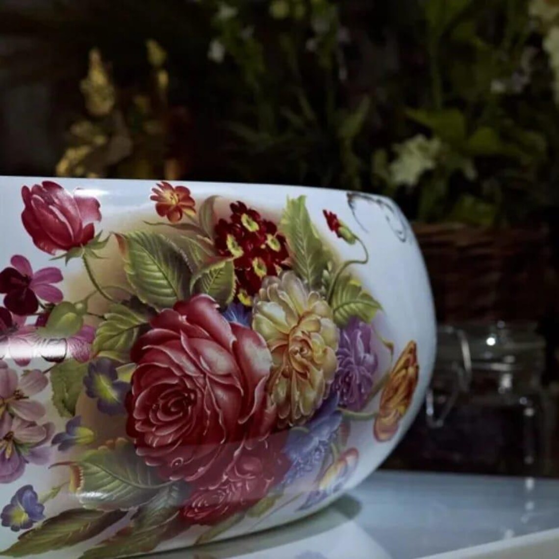 Rose Patterned Ceramic Vessel Bathroom Sink - Handcrafted Floral ...