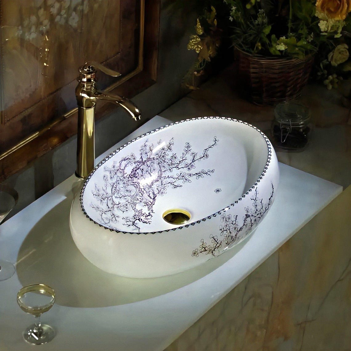 Handmade Daisy Pattern Ceramic Sink Unique Floral Design Bathroom Basin ...