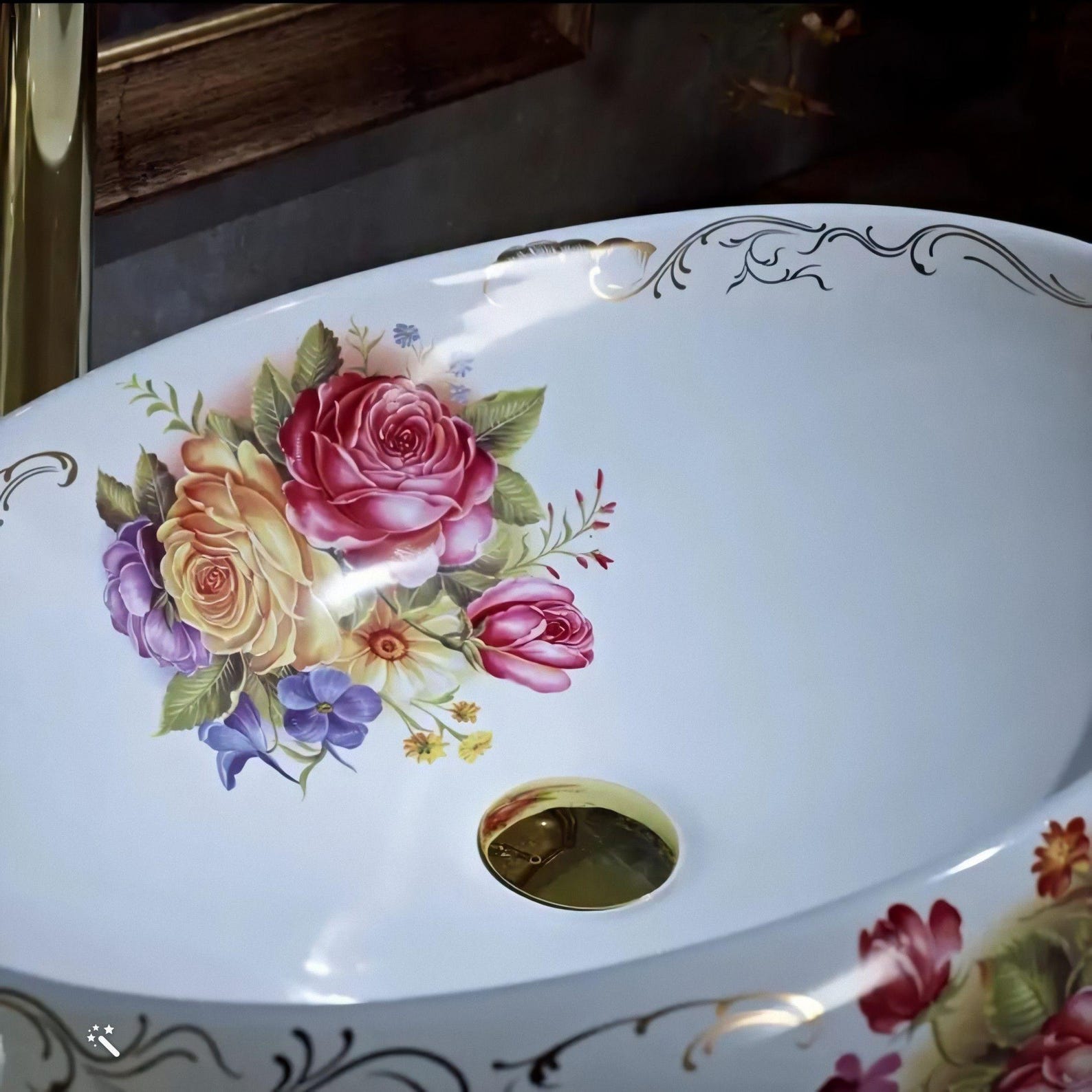 Rose Patterned Ceramic Vessel Bathroom Sink - Handcrafted Floral ...