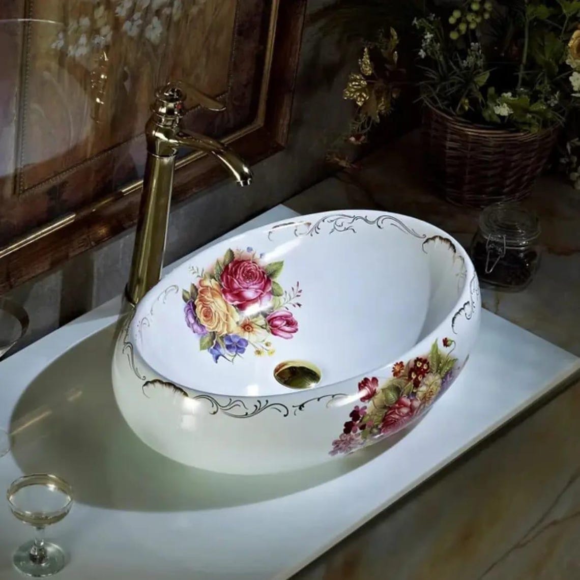 Rose Patterned Ceramic Vessel Bathroom Sink - Handcrafted Floral ...