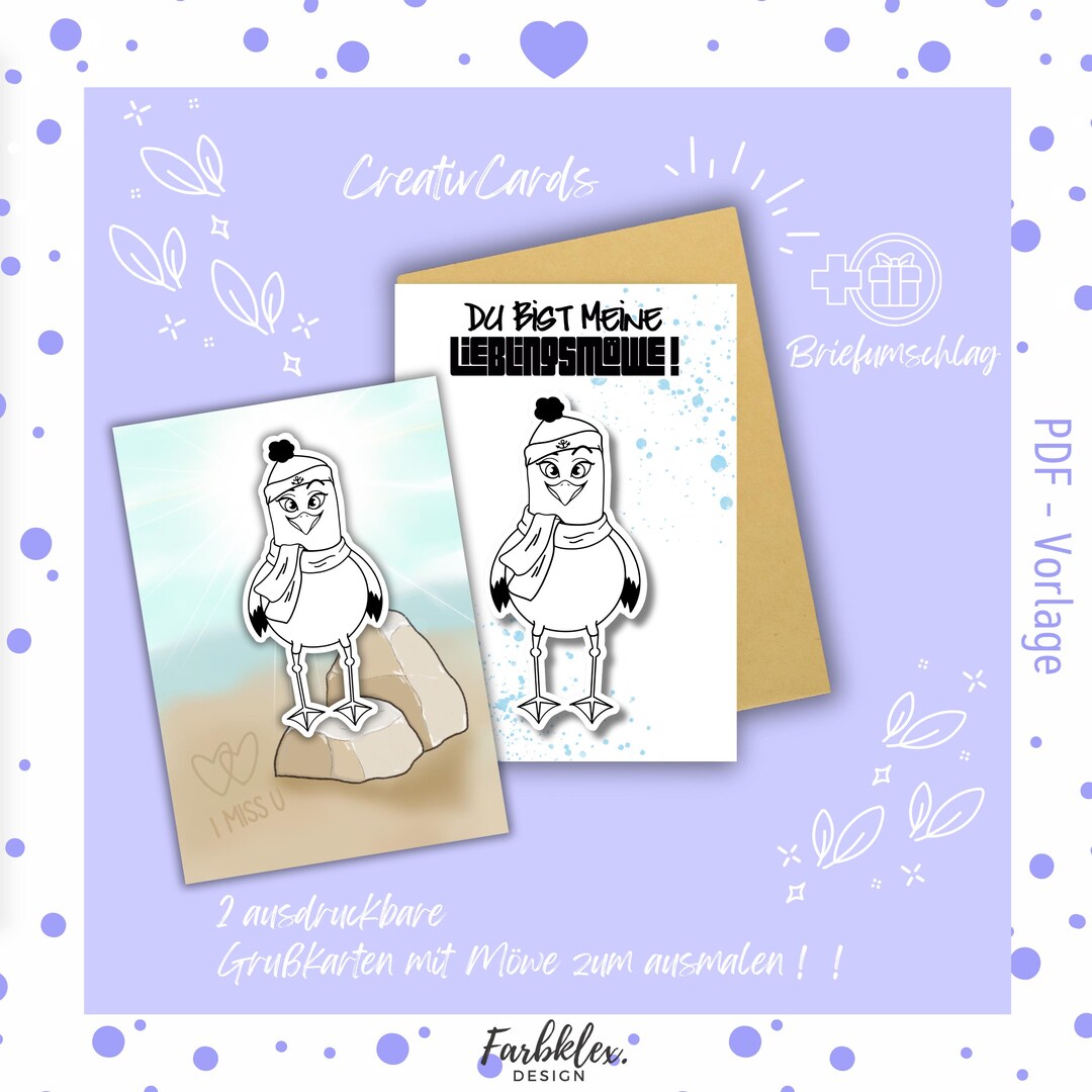 Printable Folding Card I Miss You, DIGITAL PRINT TEMPLATE SEAGULL, I ...