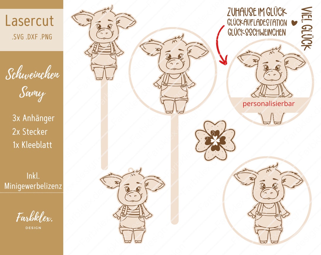 Lasercut Lucky Pig Clover Digital Files in SVG, DXF and PNG, Lasercut ...