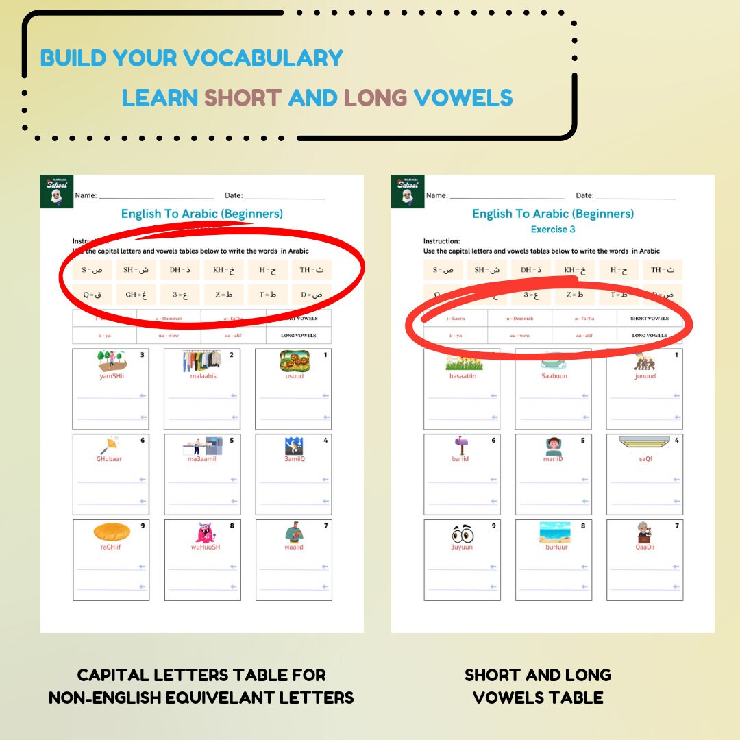 English to Arabic Dictation Worksheets (beginner/advanced) - Etsy