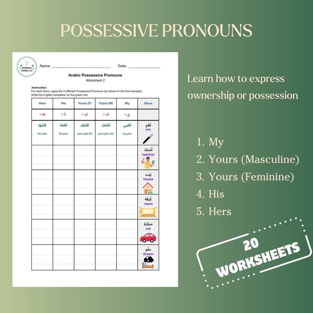 Arabic POSSESSIVE PRONOUNS Worksheets advanced Level 20 Worksheets ...