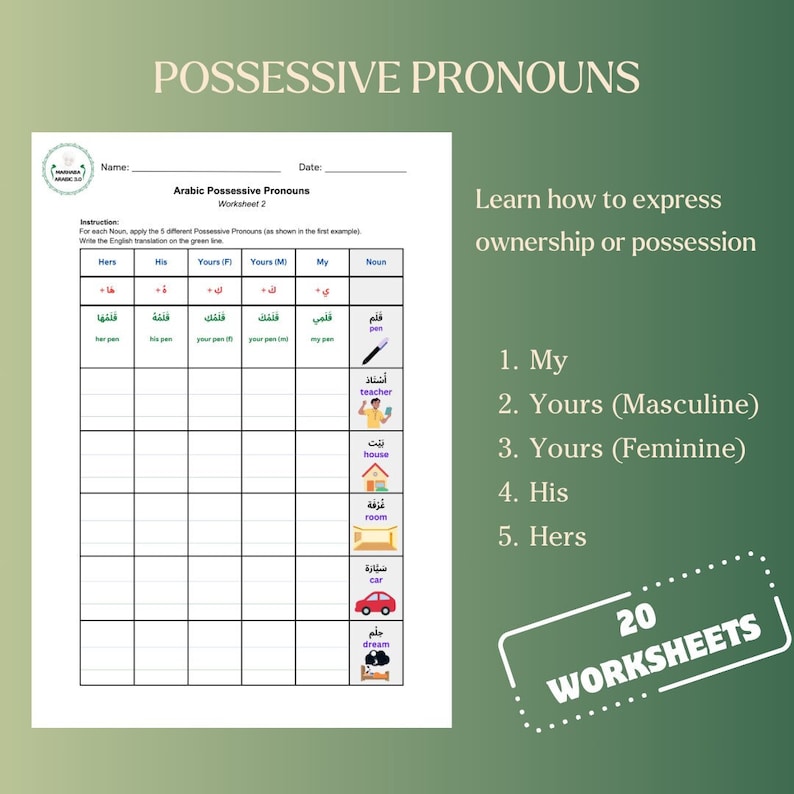 Arabic POSSESSIVE PRONOUNS Worksheets (advanced Level) - 20 Worksheets ...