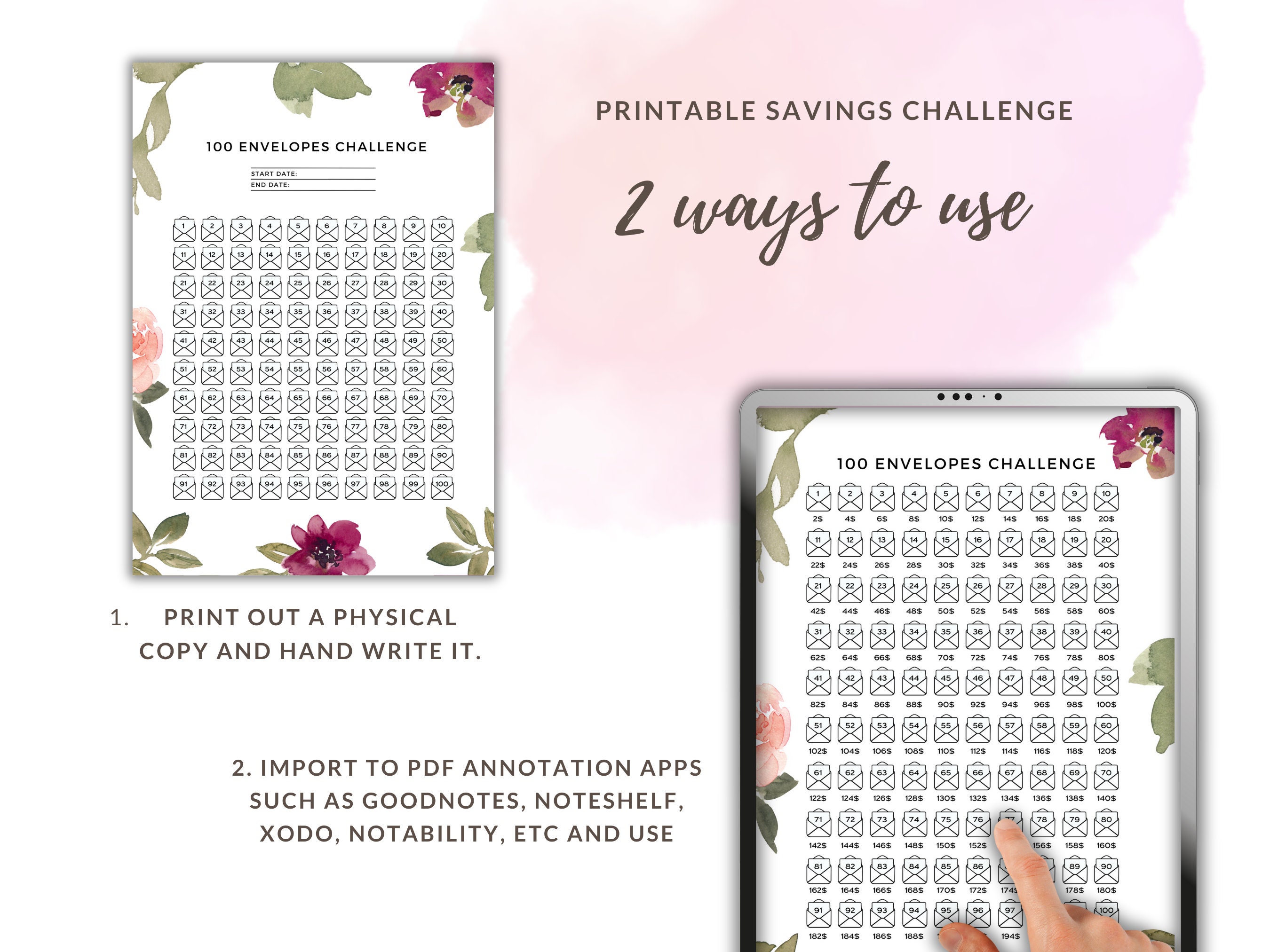 100 Envelope Challenge Printable, Money Envelopes, Savings Challenge ...