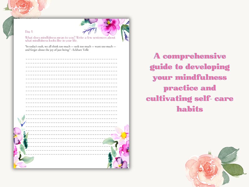 A 30-day Mindfulness Journal, Printable and Digital Worksheet, Floral ...