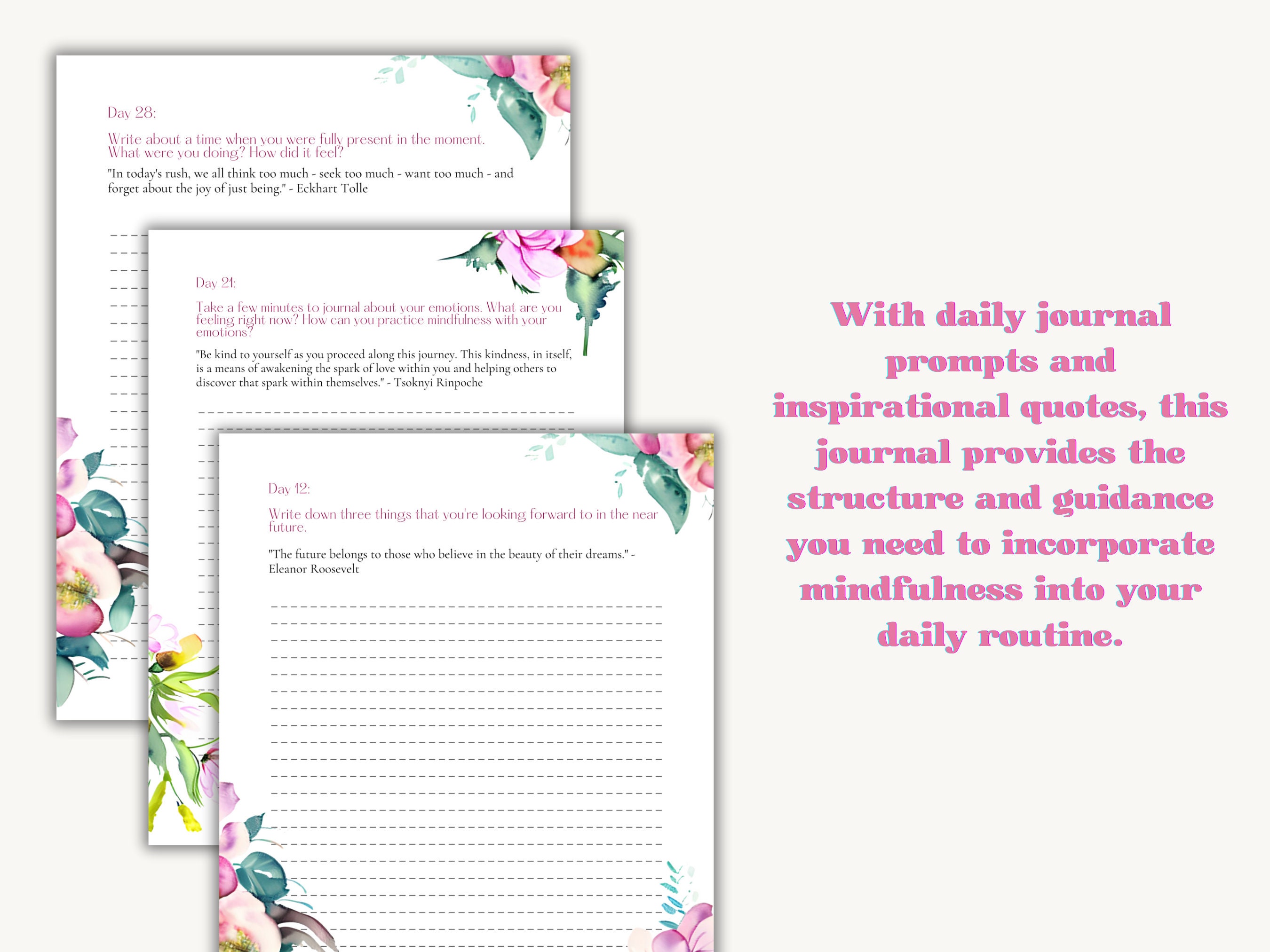 A 30-day Mindfulness Journal, Printable and Digital Worksheet, Floral ...