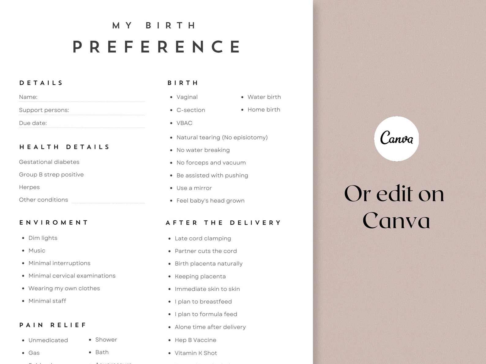 Birth Plan Template | Birth Preferences | Editable Plan Template ...