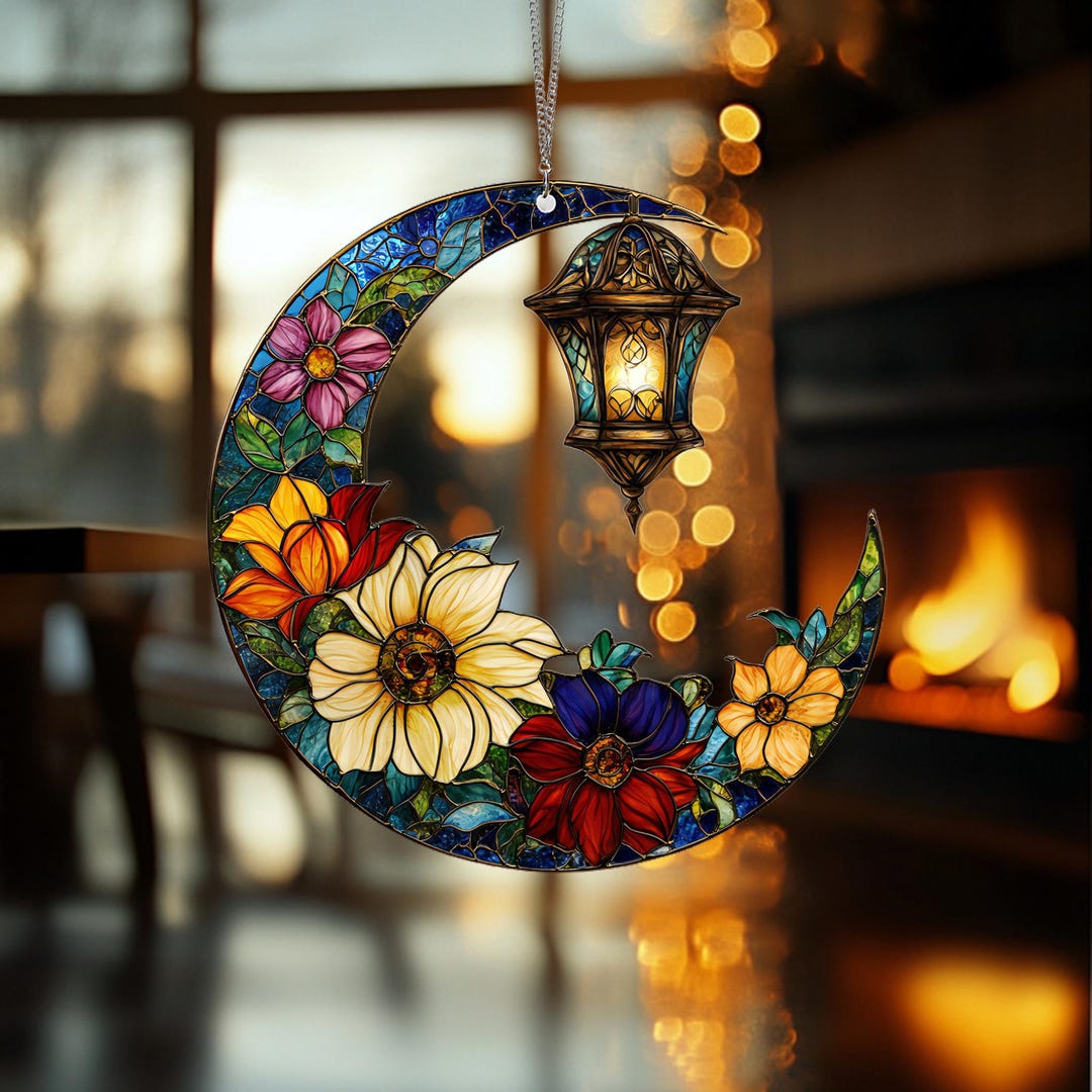 Floral Moon and Lantern Acrylic Window Hanging: Starry Night Decor - Etsy