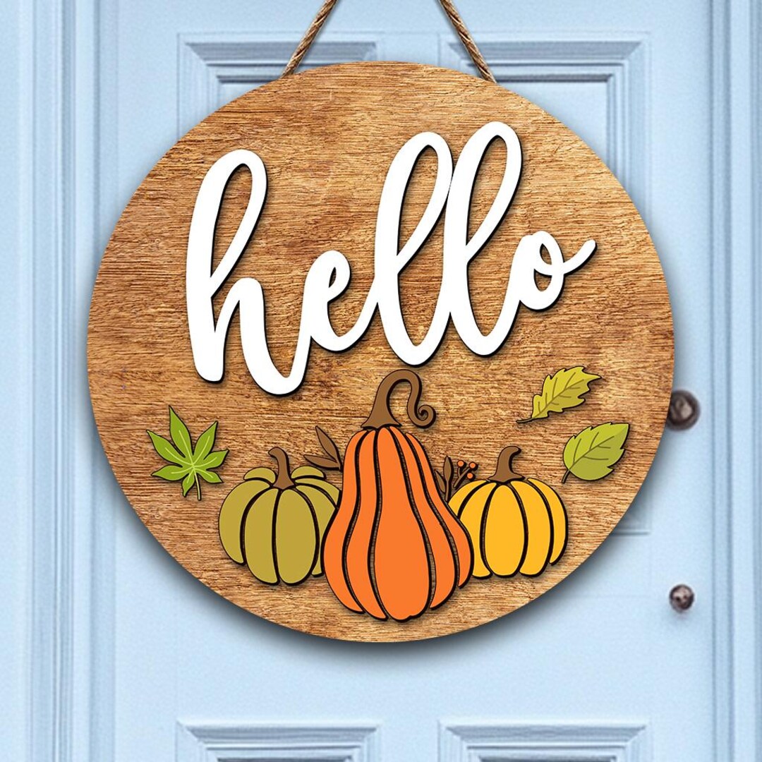 Hello Fall Door Hanger, Fall Front Door Decor, Hello Pumpkin Wooden ...