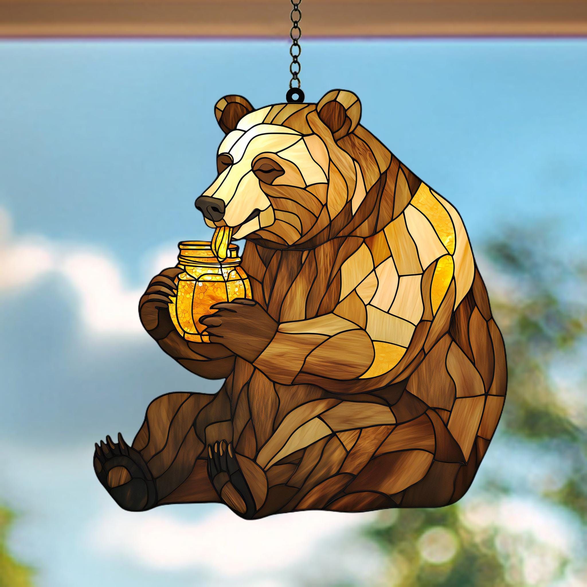 Bear and Honey ACRYLIC Window Hanging, Brown Bear Ornament, Bear Window ...