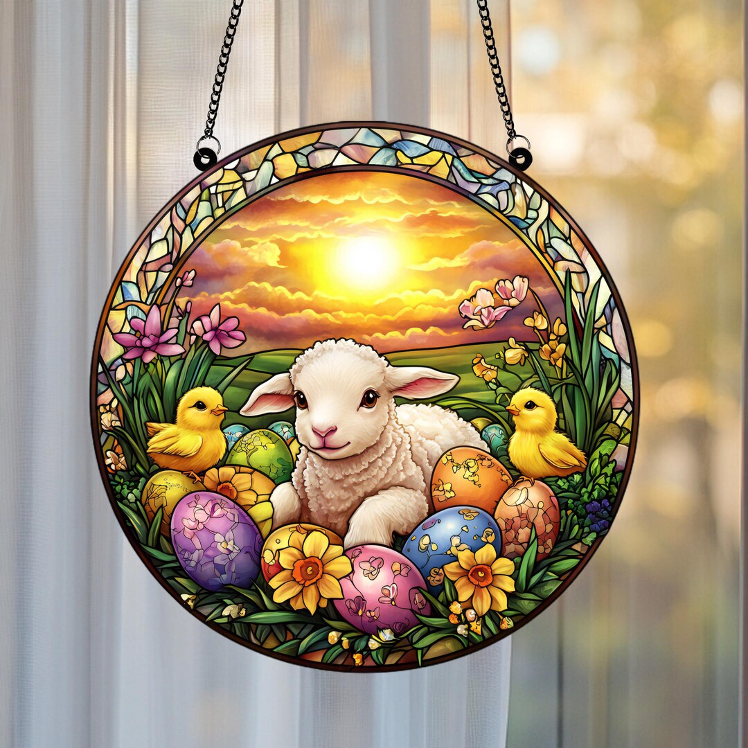 Easter Lamp and Colorful Eggs ACRYLIC Window Hanging, Lamb of God ...