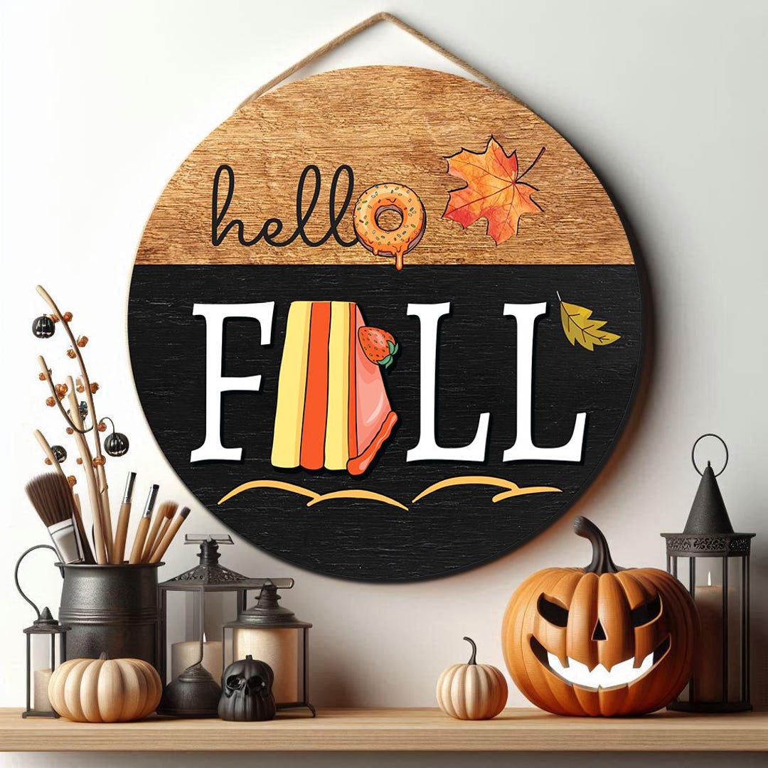 Hello Fall Door Hanger, Fall Front Door Decor, Autumn Sweets Wooden ...