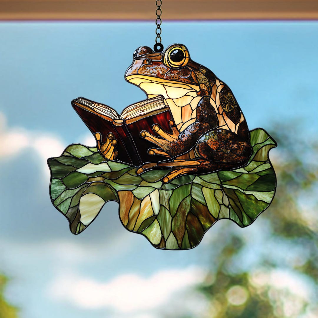 Frog Reading Book ACRYLIC Window Hanging Ornament, Frog Book Home Decor ...