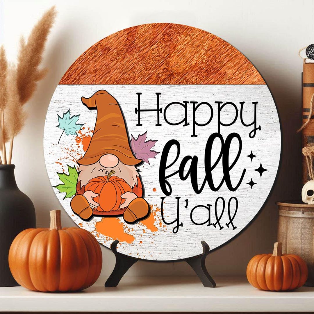 Happy Fall Y'all Door Hanger, Fall Gnome Front Door Decor, Gnome and ...
