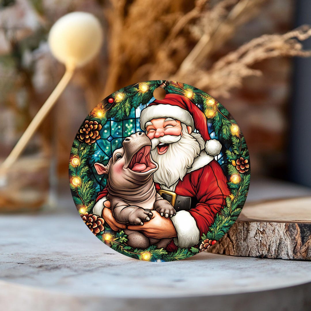 2D Santa Moo Deng Hippo Stained Glass Ceramic Ornament, Xmas Santa ...