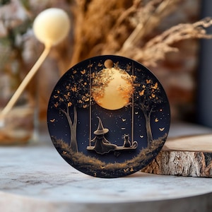 2D Witch and Moon Ornament, Witch and Black Cat Printed Ceramic ...