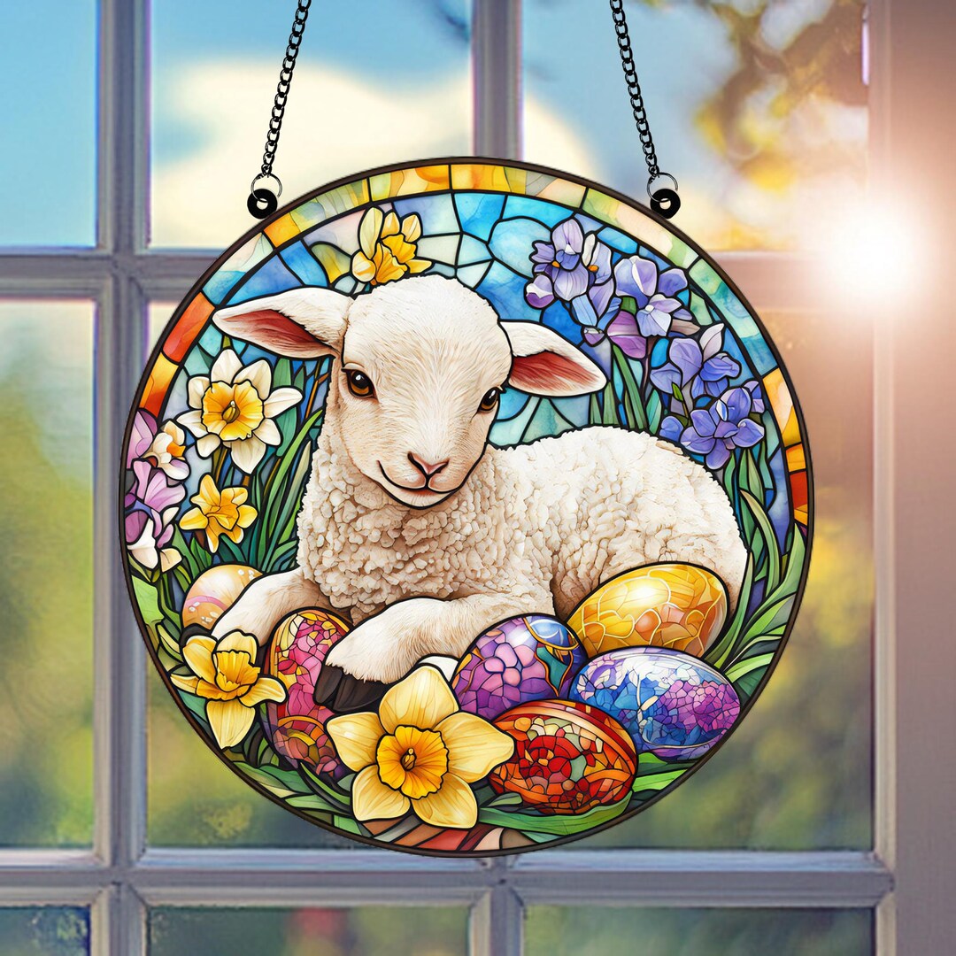 Easter Lamp and Colorful Eggs ACRYLIC Window Hanging, Lamb of God ...