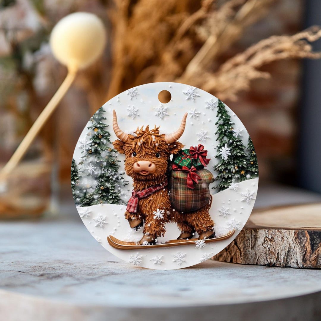 Highland Cow Skiing Christmas Ornament: Printed Ceramic Circle - Etsy