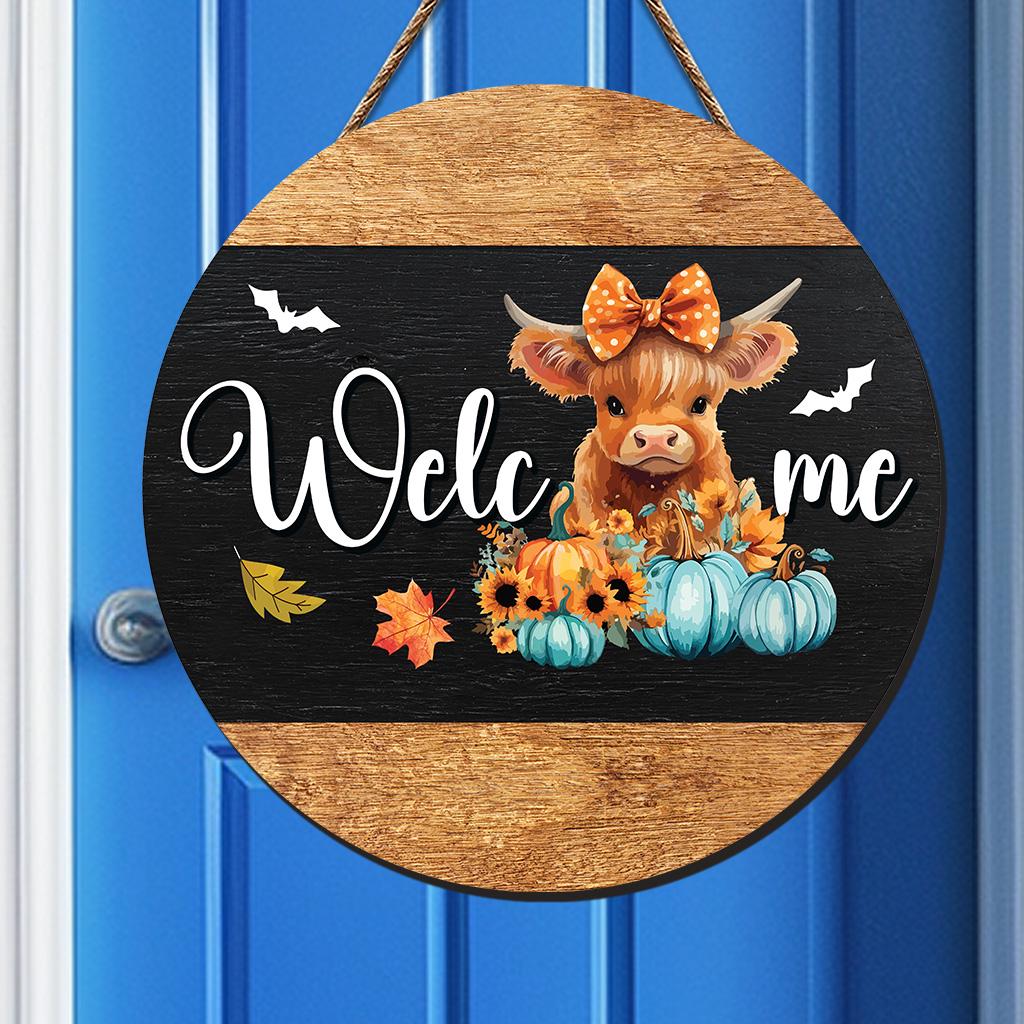 Highland Cow Front Door Decor, Welcome Fall Door Hanger, Pumpkin and ...