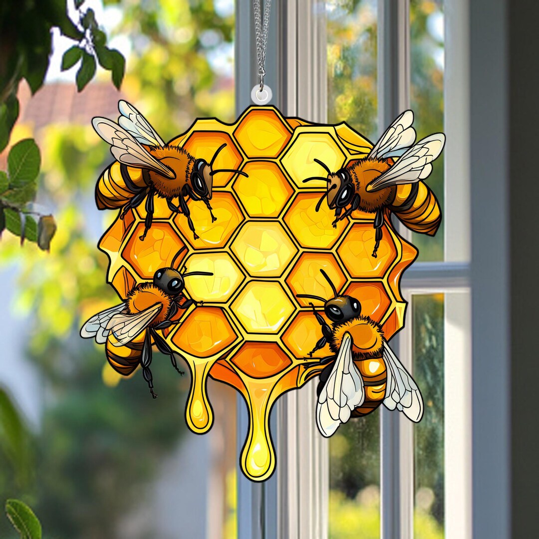 Yellow Bee Hives ACRYLIC Window Hanging, Honeycomb Window Decor, Gift ...