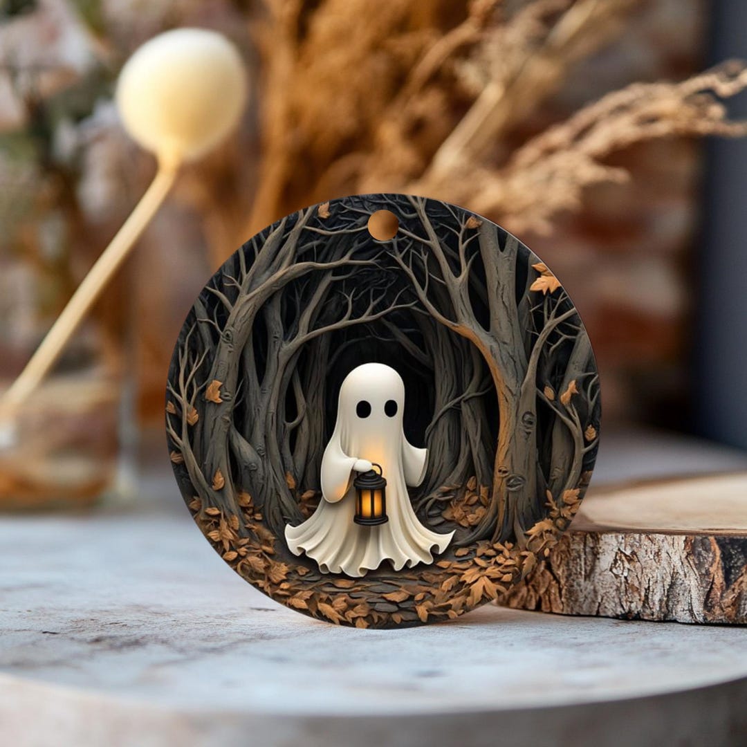 Spooky Ghost in Forest Halloween Ornament, Funny Ghost Printed Ceramic ...
