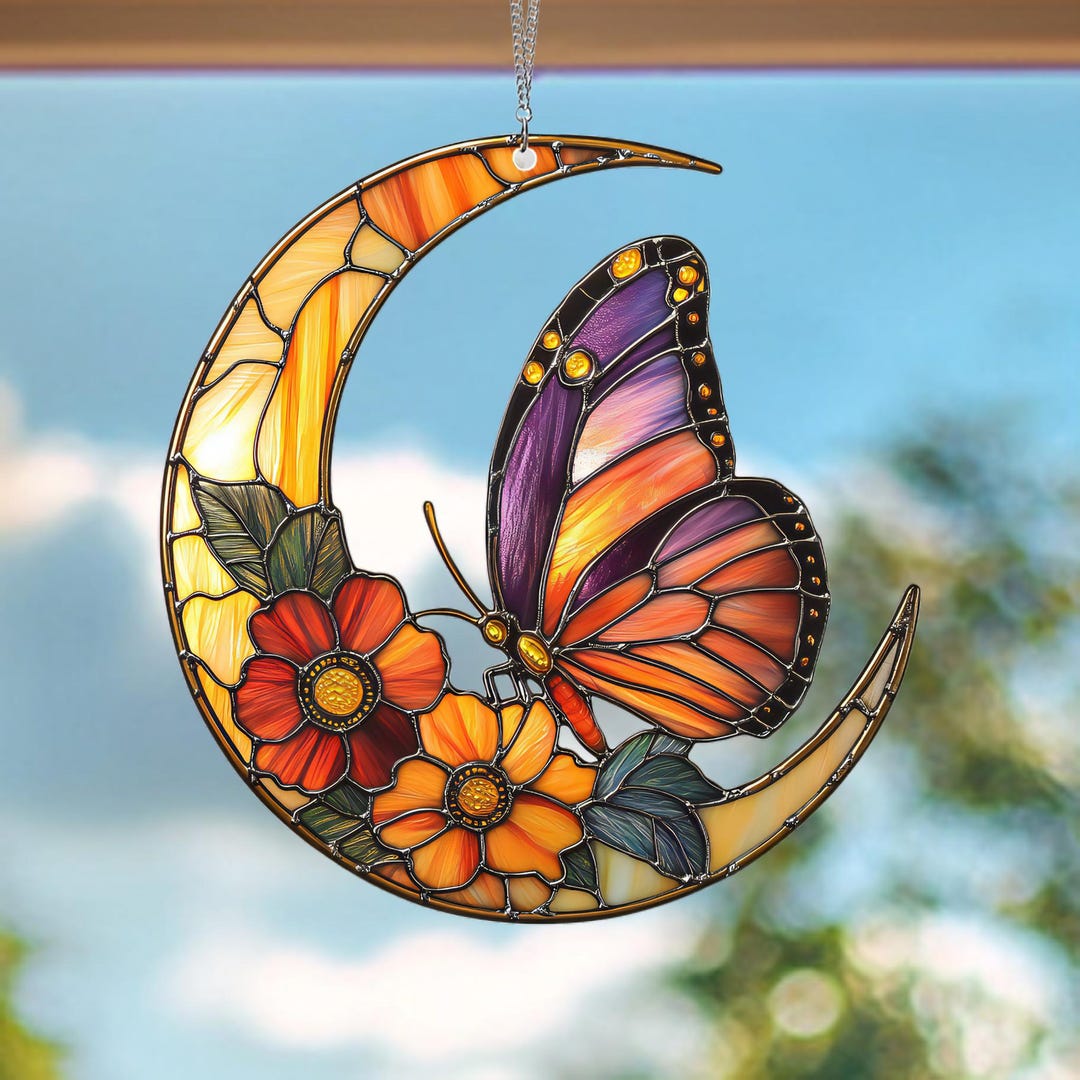 Butterfly Floral on Moon ACRYLIC Window Hanging, Butterfly Floral ...