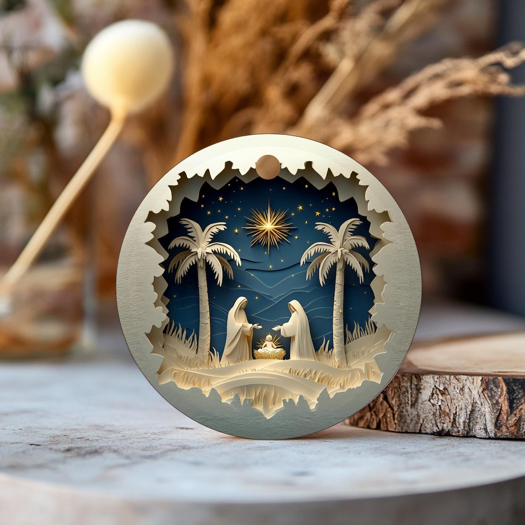 2D Ceramic Christmas Ornament, Nativity Scene With Palm Trees, Holy ...