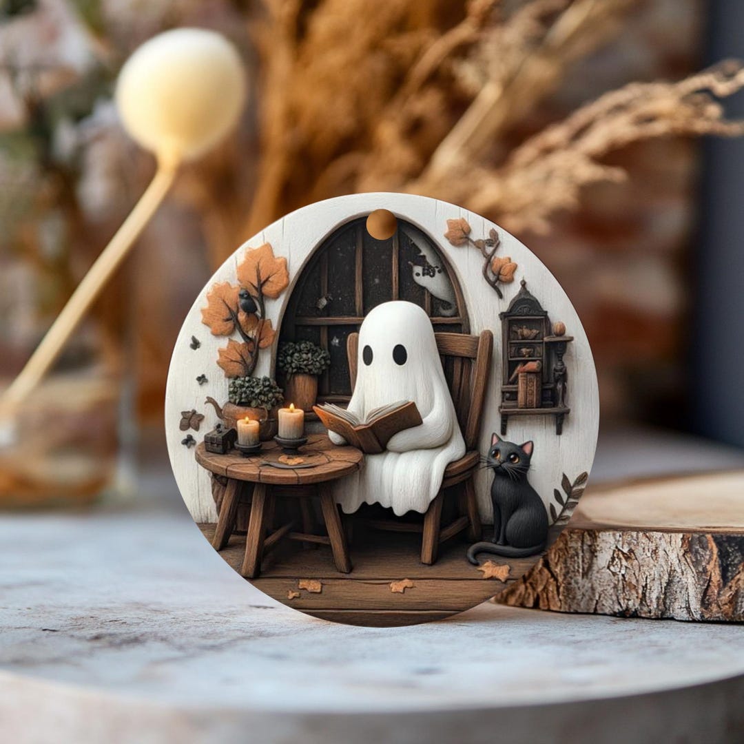 Spooky Ghost Reading Book Halloween Ornament, Ghost Printed Ceramic ...